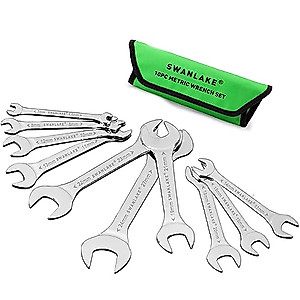 SWANLAKE 10Pcs Super-Thin Open End Wrench Set, CR-V Steel, Metric Size 5.5, 7, 8, 9, 10, 11, 12, 13, 14, 15, 16, 17, 18, 19, 20, 21, 22, 23, 24, 27mm Slim Spanner Wrench Set with Pouch(10pcs METRIC)