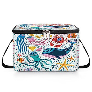 Jellyfish Whale Octopus Lunch Bags for Women Men 9 Cans, Hot & Cold Food Delivery Bag Insulated Grocery Bag Insulated Lunch Box Marine Inhabitants Cooler Bag for Office Work Picnic Beach