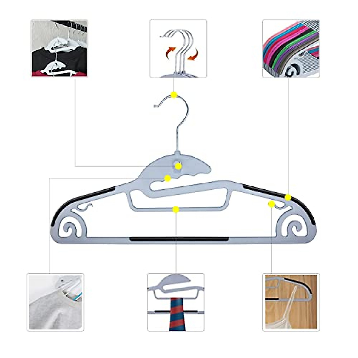 Sisnails Coat Hanger with Clothes Hanger Connector Hooks,Non-Slip Design, 0.2 Inches Thick, 360 Degree Swivel Hook,Dark Gray,10Pack