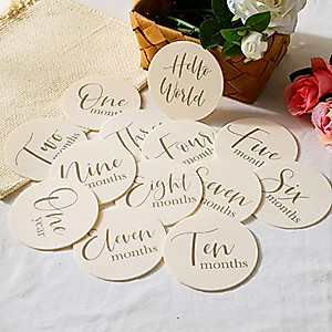 UNIQOOO 13Pcs 4'' Cream White Acrylic Monthly Baby Milestone Printed Cards, Photo Props, Round Baby Months Growth Sign for Boy, Girl Photography, One Month to One Year & Hello World Card, New Baby Gifts