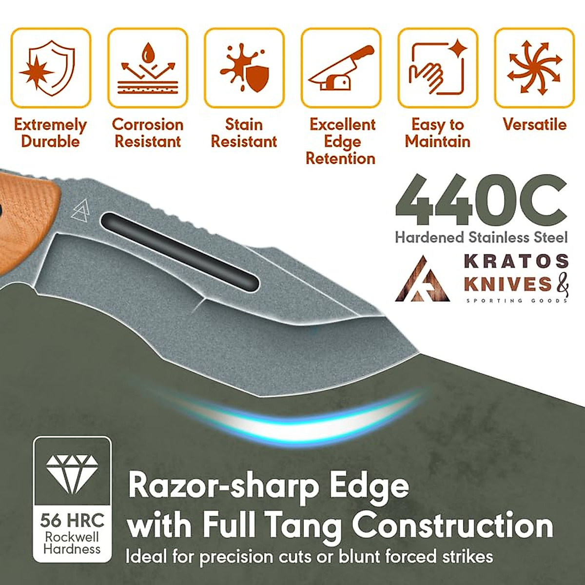 Hunting Knife with Sheath, 10" Fixed Blade Hunting Knives Infused with G10 Handle, 440C Stainless Steel Full Tang Survival Knife By Kratos - ZFS7