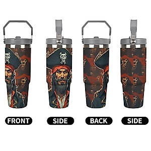 WITHSBKK 30oz Car Cup Pirate Captain Printed with Portable, Stainless Steel Travel Mug, Vacuum Insulated Tumbler And Straw, Leakproof for Car & Outdoor, UV Printed Design