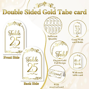 ZhouBoat 31 Sets Arch Gold White Table Number Cards with Holders and Reserved Seating Signs, Double Sided Gold Foil Table Number 1-30 and Head Table 4x6 Inch Birthday Wedding Reception Table Signs