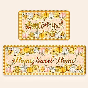 Fall Kitchen Mats, Happy Fall Yall Kitchen Rugs for floor Set of 2, Pumpkins Kitchen Rugs and Mats Non Slip, Autumn Leaves Sunflower Home Sweet Home Decor Gifts for Office Laundry, 17x29+17x47 Inch