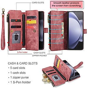 ANROD Wallet Case for Samsung-Galaxy-Z-Fold-5-5G,PU Leather Flip Magnetic Closure Shockproof Zipper Purse Cover for Samsung Galaxy Z Fold 5 5G,with Card Slots (Red)