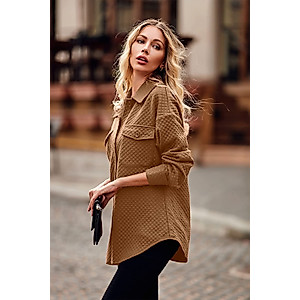 PRETTYGARDEN Women's 2024 Winter Jackets Lapel Coat Outerwear Casual Long Sleeve Button Down Blouse Shirts Tops (Dark Khaki,Medium)