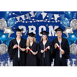 INRUI Prom 2024 Photography Background Blue and Silvery 2024 Prom Night Banner Glitter Balloons Flags Graduation Prom Party Decorations Backdrop (7x5FT)