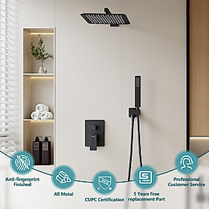 ESNBIA Shower System, Black Shower Faucet Set with Pressure Balance Shower Valve, 10 Inches Rain Shower Heads with Handheld Spray Combo, High Pressure Wall Mounted Shower Fixtures, Matte Black