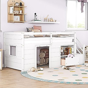 Lakifun Twin Size Low loft Bed,Loft Bed with Storage,Modern Farmhouse Twin loft Bed for Kids,Wood Twin Low Loft Bed with Game House and Drawers, Bookshelf Staircase,White