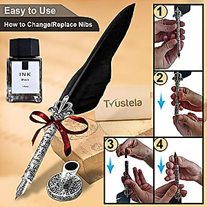 Trustela Feather Quill Pen Set - Calligraphy Dip Pen Set Includes Big Feather Pen With 18 Calligraphy Nibs And Pen Holder In A Gift Box For Writing And Antique Desk Decor (BlackFeather)