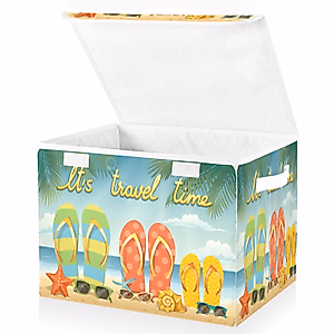 DIGTIA Storage Bins with Lids Vintage Summer Flip Flop Foldable Storage Boxes with Handles Beach Tropical Leaves Large Storage Basket Collapsible Organizer Containers for Closet Home Bedroom Office