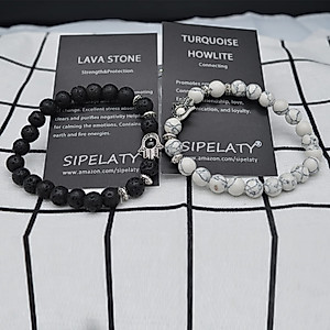 KIKILA 2Pcs Set Handmade Elastic 6mm Beads Hamsa Bracelet Natural Stone Evil Eye Hamsa Fatima Hand Charm Beaded Couples Bracelets Kabbalah Bracelet (Howlite +Lava)