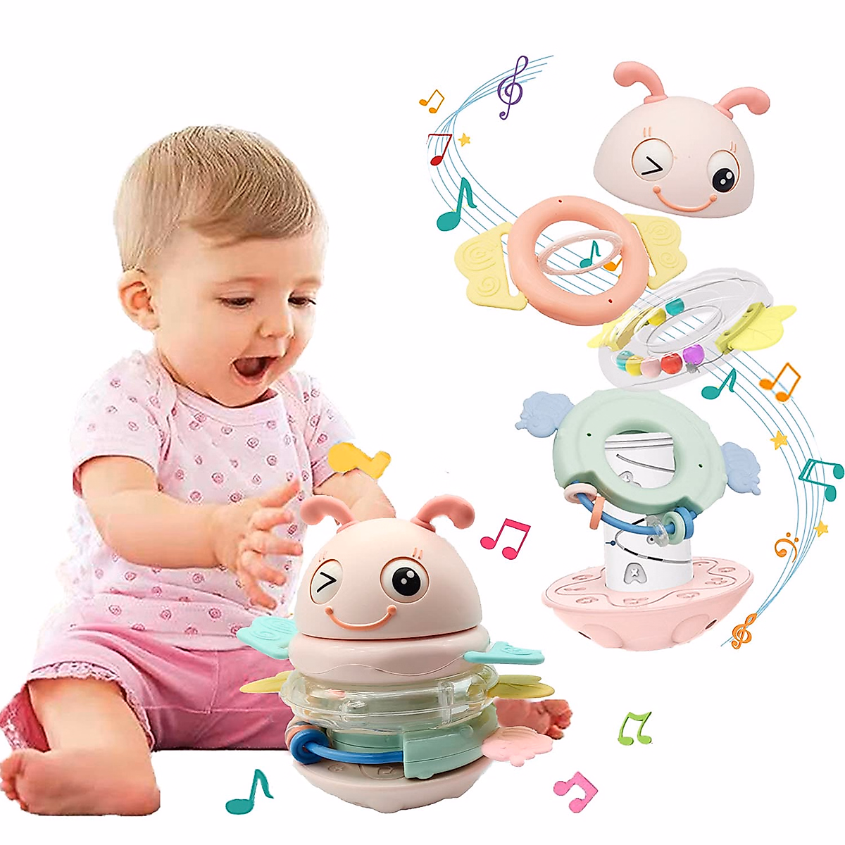 MOAOZ Baby Rattles,Stacking Ring Toys for 6 to 12 Months Girls Boys ,Music Toys for 18 Months, Early Learning Toys for Toddlers 6 Months,Gift for Newborn nfants 3-6, 12-18 Months (Pink)