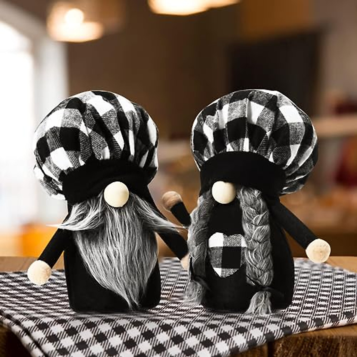 YuQi 2PCS Plaid Kitchen Chef Gnomes Plush, Black White Plaid Couple Cooking Gnome Elf Doll for Home Table Display Ornament, Unique Chriatmas Gifts Ideas