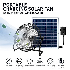 CYBERDAX 14 Inch Portable Wireless Rechargeable Table Fan with Solar Panel Powered and AC Charger Dual Input for Household, Camping, Fishing Outdoors