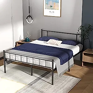 Metal Platform Bed Frame Queen Mattress Foundation Heavy-Duty Steel Slat Noise-Free Support with Headboard & Foot Board NO Boxing Spring Needed Under-Bed Storage Easy Assembly, Queen