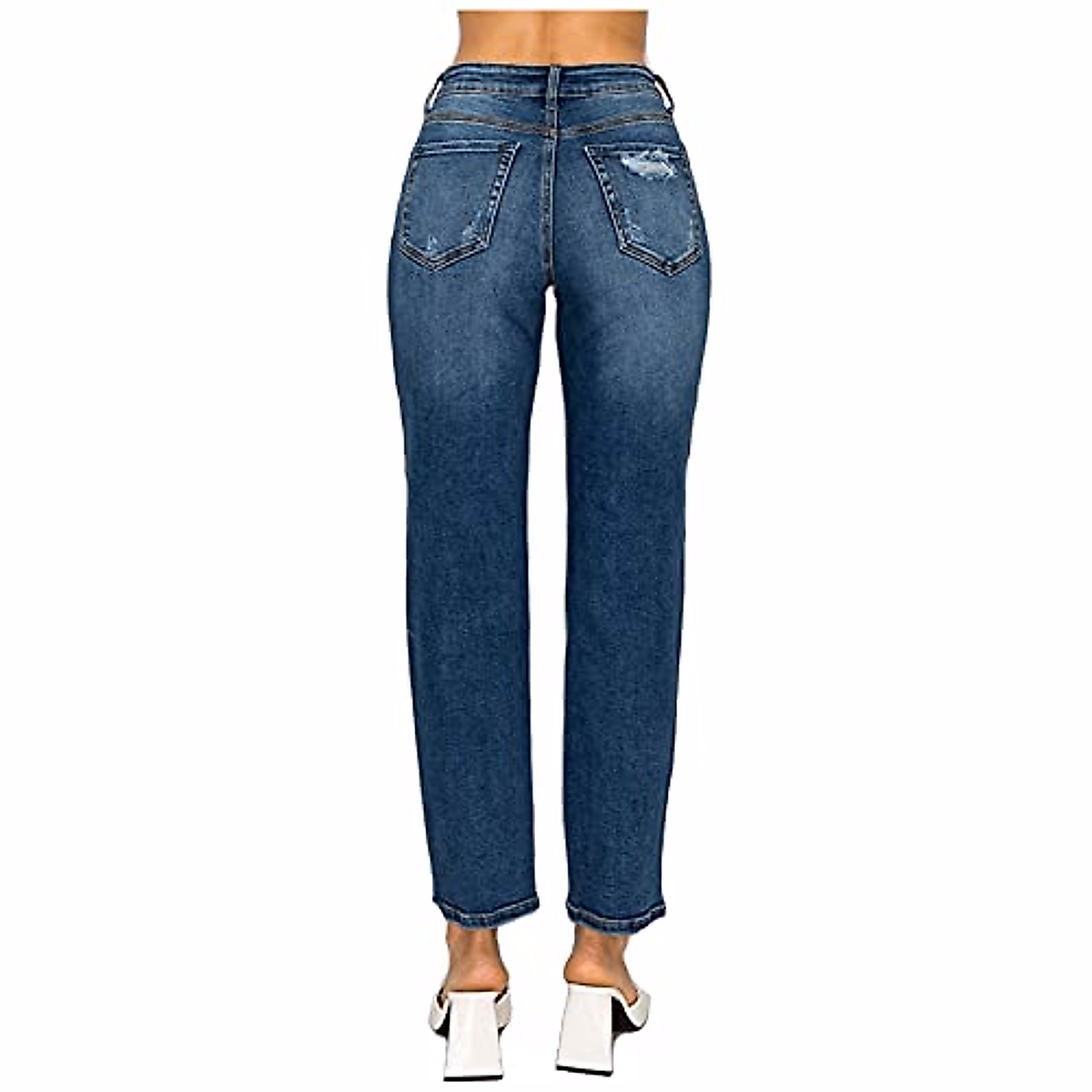 Love Moda Women's High Waist Slim Straight Denim Jeans with Spandex, Dark Blue