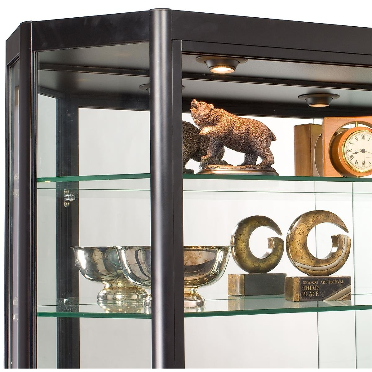 Displays2go Wall Hanging Display Cabinets for Retail Stores, (4) Tempered Glass Shelves, Aluminum Frame – Black (WC6012LEDB)