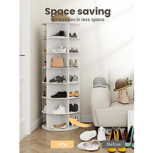 Toemics 7 Tier Rotating Shoe Rack Tower, 360° Spinning Display Lazy Susan Organizer, Holds 35 Pairs, Carousel for Shoes & Handbags, Easy Assembly, Includes 4 PCS Double-Layer Shoe Racks, White