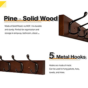 ROOREVO Wall Mount Coat Rack Coat Hooks, Wall hat Hanger,Walnut,2 Pack