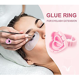 100PCS Disposable Glue Rings for Eyelash Extensions - Heart-Shaped Lash Fan Blossom Supplies with Storage Box - Perfect for Professional Beauty Salons and Individual Lash Techs - Pink