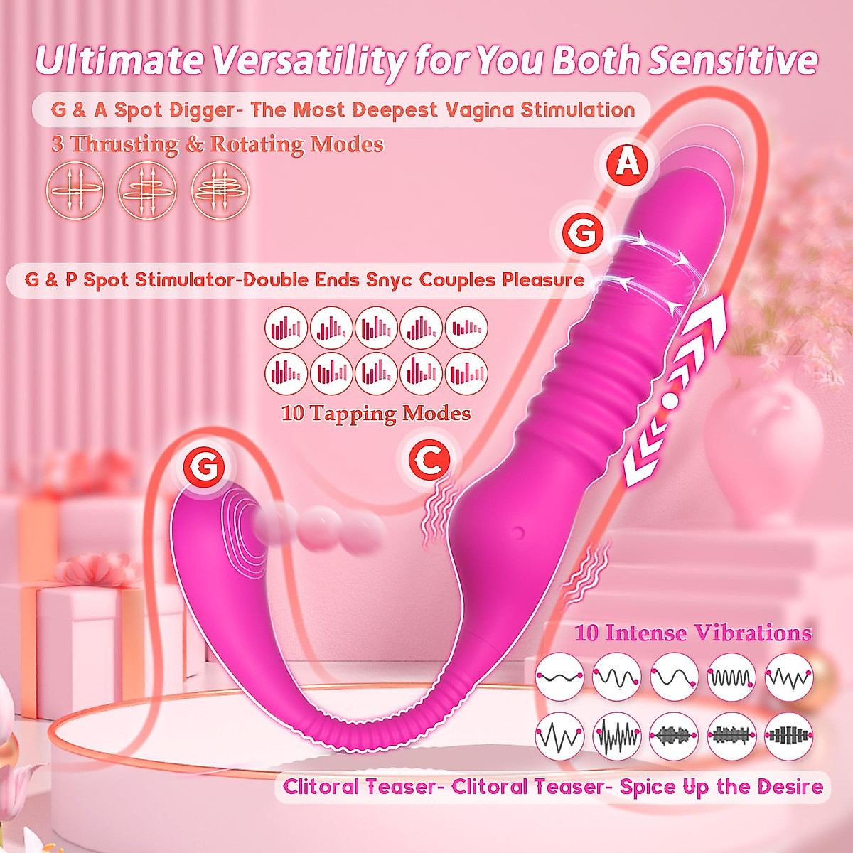 Thrusting Strapless Strap On G Spot Dildo Vibrator, 4 in 1 Rotating Tapping Vibrating Double Ended Dildo Lesbian Pegging Women Couples Adult Sex Toys, Silicone Anal Dildos Vibrators, Female Sex Toy