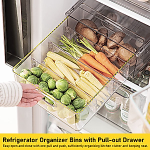 Greenby 4 Pack Refrigerator Organizer Bins with Pull-out Drawer Stackable Clear Fridge Drawer Organizer Fruit Vegetable Storage Containers for Kitchen Pantry Organization (2 Large+2 Small)