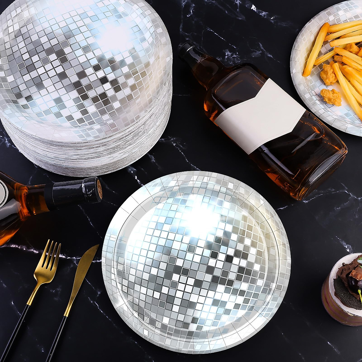 durony 150 Pieces Silver Disco Ball Paper Dinner Plates 70s Silver Foil Disposable 9-Inch Plates 80s 90s Disco Paper Tableware for Disco Bachelorette Groovy Birthday Wedding Party Decorations