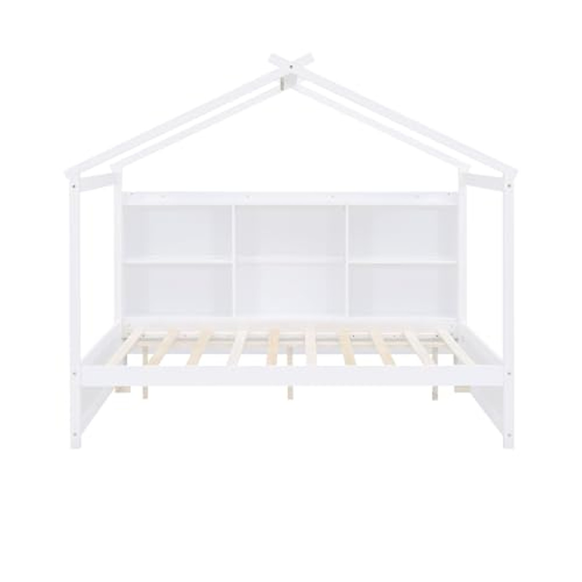 DEYOBED Full Size House Bed with Storage Shelves and Twin Size Trundle, Wooden Full Playhouse Bed, Canopy Bed, House Shape Bed Frame for Kids Boys Girls, No Box Spring Needed, Brushed White
