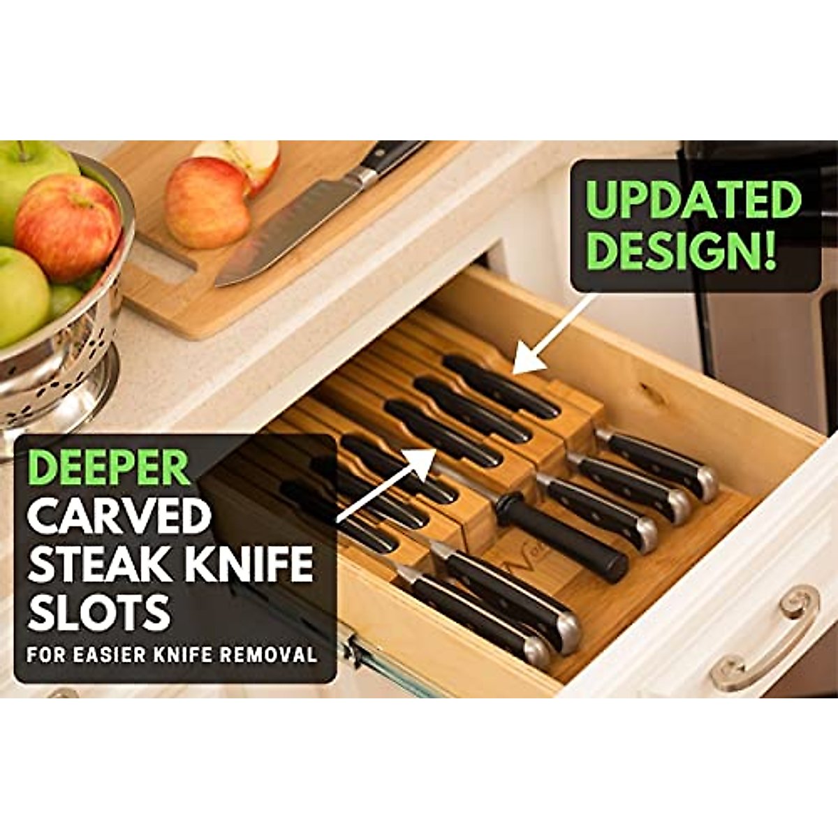 In-Drawer Bamboo Knife Block Holds 12 Knives (Not Included) Without Pointing Up PLUS a Slot for your Knife Sharpener! Noble home & chef Knife Organizer Made from Quality Moso Bamboo