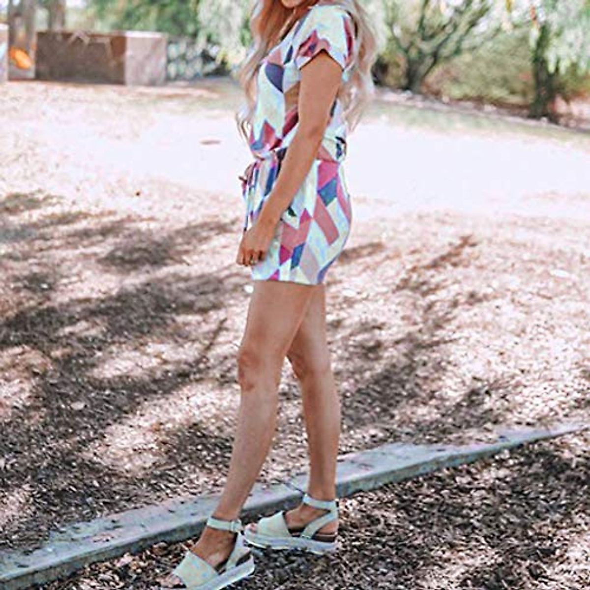 Women's Summer Short Sleeve Romper Mitiy Geometry Printing Casual Rompers with Pockets Loose Jumpsuits