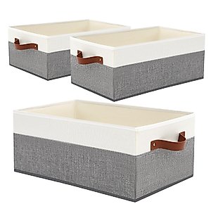 3 Pack Large Capacity Storage Bins Closet Organizer for Shelves, Fabric Closet Storage Baskets Boxes with Leather Handles for Organizing Clothes, Sheets, Jeans, Toys, Books (Grey)
