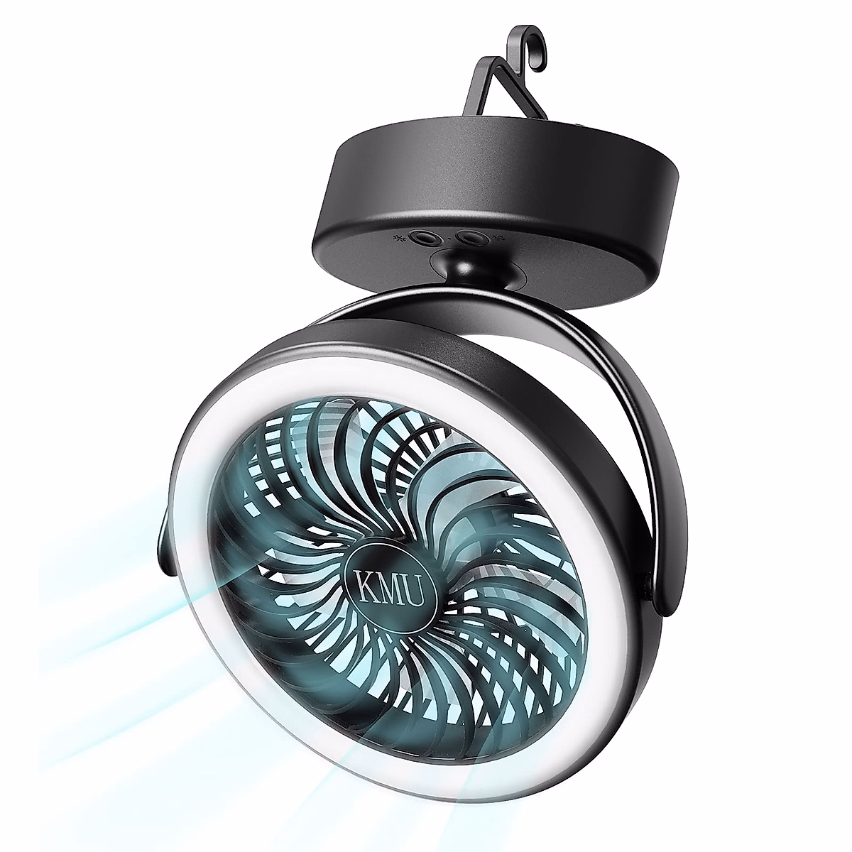 KMU Camping Fan with LED Lights 6000mAh Rechargeable Battery Operated Fan, Portable Personal Small Desk Fan, Tent Fan with Retractable Hook for Camping, Fishing, Picnic, Bedroom, Home, Office...