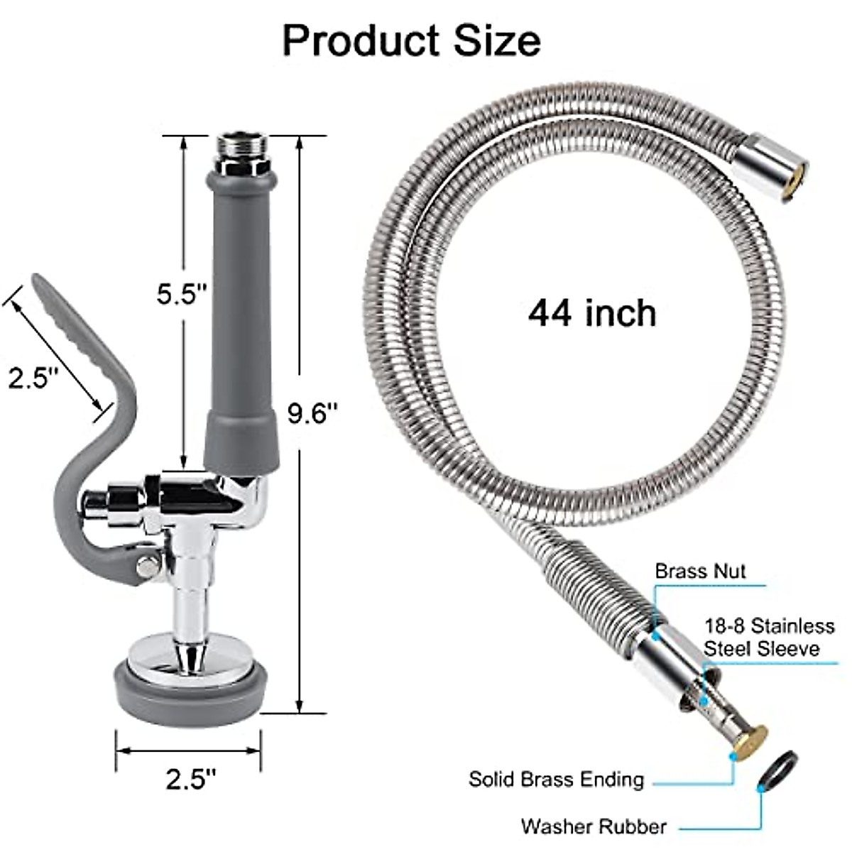 KANONEY Commercial Sink Sprayer with 45" Flexible Stainless Steel Hose, Pre-Rinse Dish Spray Valve Replacement Kit Assembly Sprayer Nozzle Head for Industrial Restaurant Kitchen Faucets, Gray
