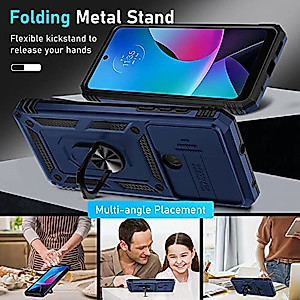 Motorola Moto G Play 2023 Case,Moto G Power 2022/Moto G Pure Case Built in Slide Camera Lens Cover+Screen Protector+Finger Ring Holder Kickstand,Heavy Duty Shockproof Full Body Phone Cover,Blue