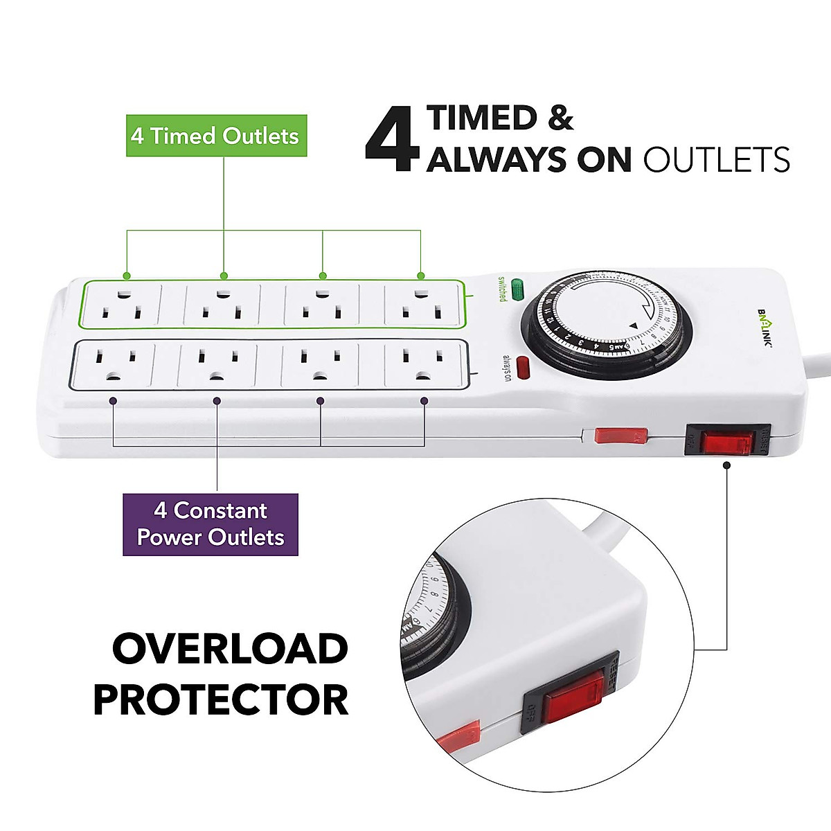 BN-LINK 8 Outlet Surge Protector with Mechanical Timer (4 Outlets Timed, 4 Outlets Always On),6.6FT Extension Cord Flat Plug, White Surge Protector Power Strip with 6AC Outlets 4 USB Ports