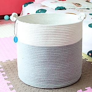 Casaphoria Woven Cotton Rope Basket with Handle for Bedroom,Round Storage Basket for Bathroom,Large Blanket Basket for Living Room,Tall Laundry Hamper Woven for Laundry,Light Gray