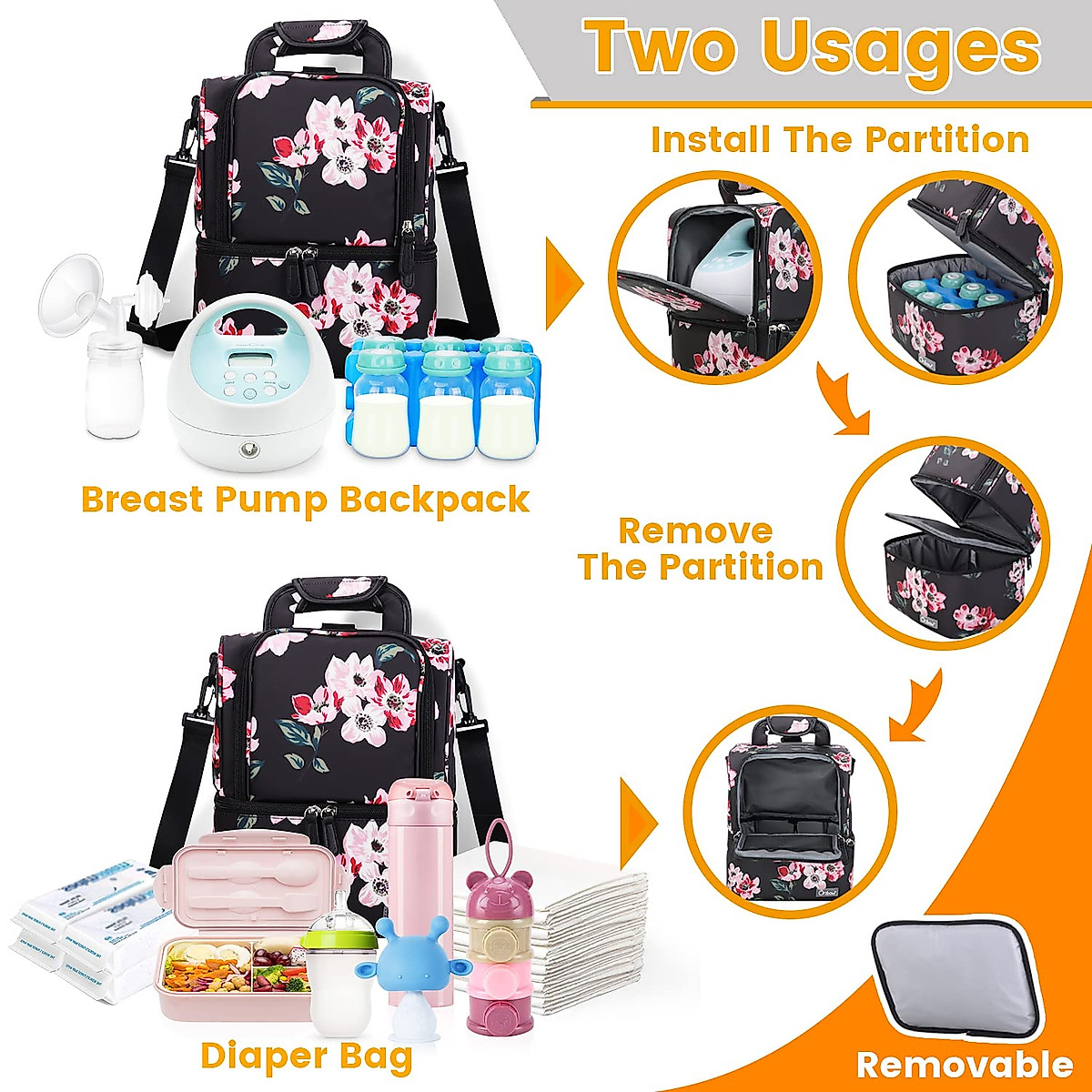 Orzbow Diaper Bag Backpack Tote,Fits Most Breast Milk Storing Bags, Double Layer for Working Moms