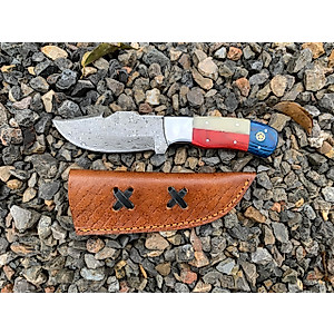 NUSHBA 012 Handmade Damascus Gut Hook Skinning Hunting Knife With Cow Brown Leather Sheath- Best Damascus Steel American Flag Handle Hunting Knife