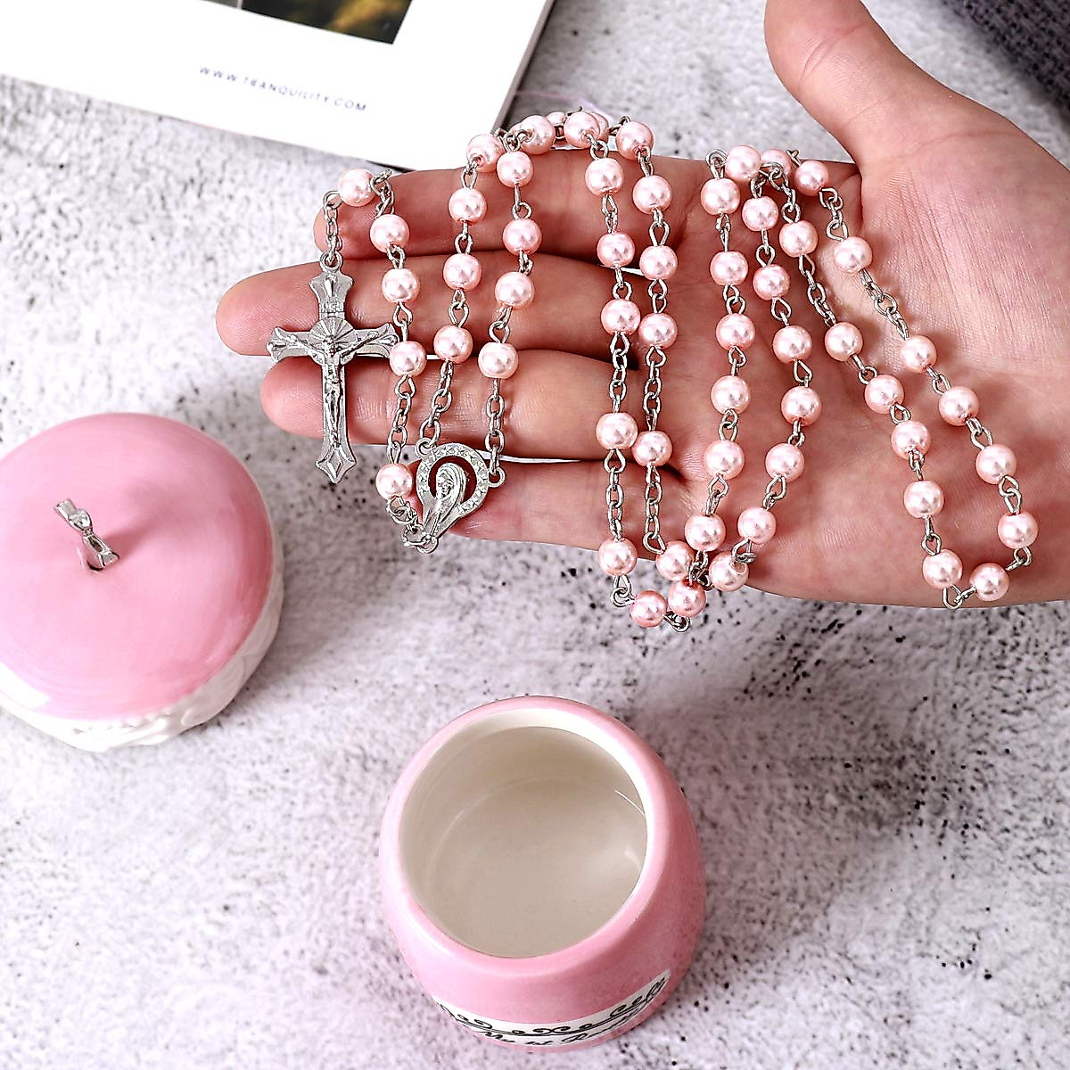 My First Rosary Cross for Girl Keepsake Box and Rosary Gifting Set, Pink