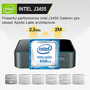 4K Mini PC 8GB RAM 128GB EMMC Windows 10 Pro, Intel Celeron J3455 Processor (Up to 2.3GHz) Mini Desktop Computer with BT 5.0, 2.4G+5G Dual Band WiFi, HDMI/VGA, LAN 1000M Gigabit Ethernet