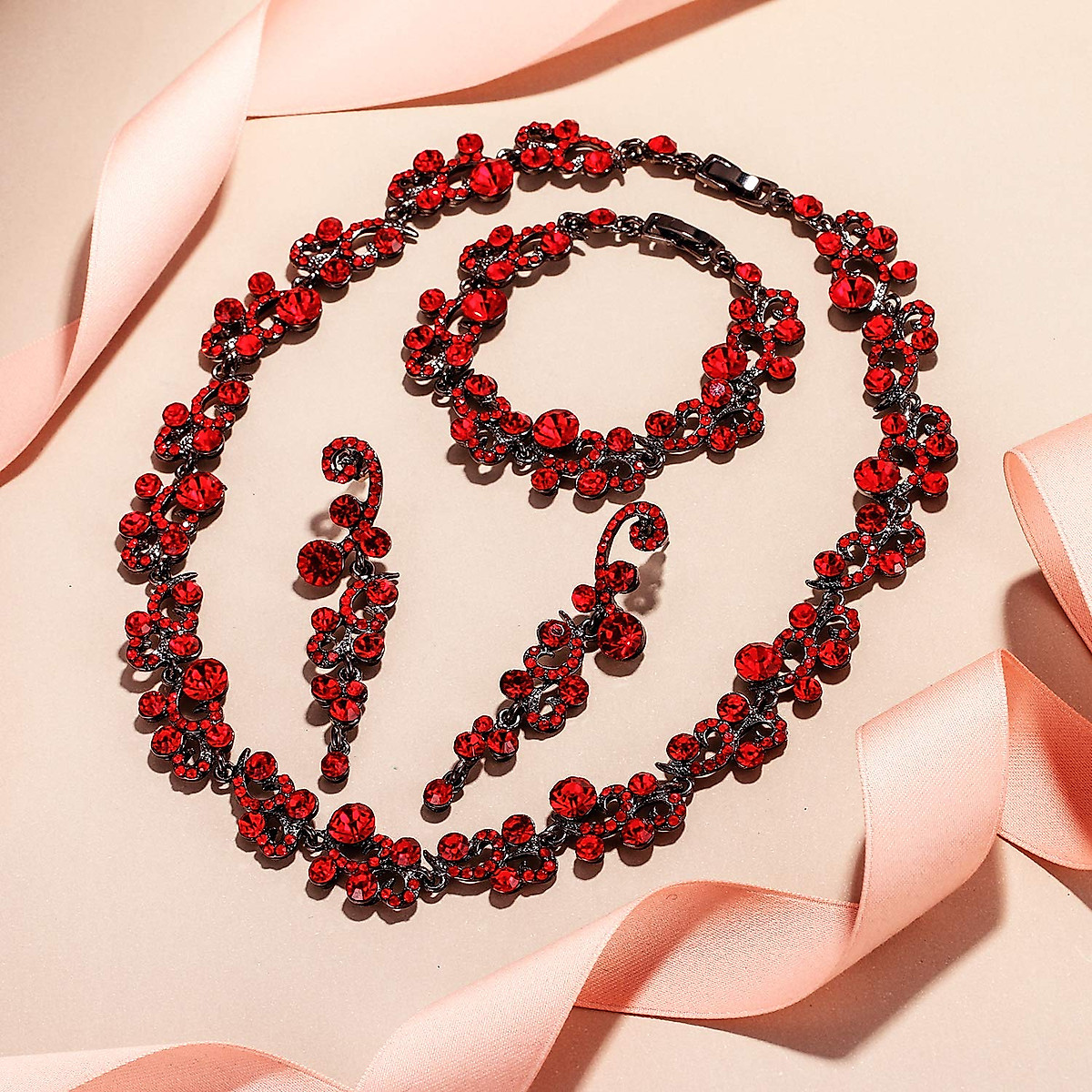 EVER FAITH Women's Austrian Crystal Stunning Prom Flower Necklace Earrings Bracelet Set Red Black-Tone