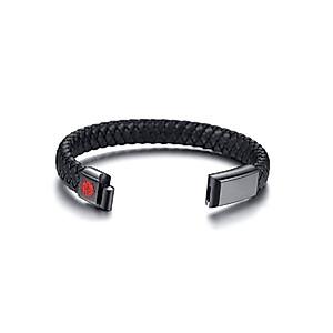 VNOX Custom Engraving Medical Alert Emergency Jewelry-Black Braided Leather Medical Symbol Caduceus with Stainless Steel Cuff Wristband Bracelet,8.2"