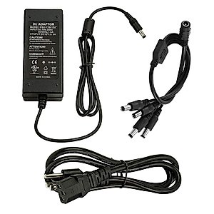 InstallerCCTV 12V 5A Power Adapter & 4-Way Splitter Pigtail Cable, 3 Prong Power Cord, UL Listed, Fits DVR NVR AHD TVI CCTV Security Surveillance Camera System, LED Strip Lights