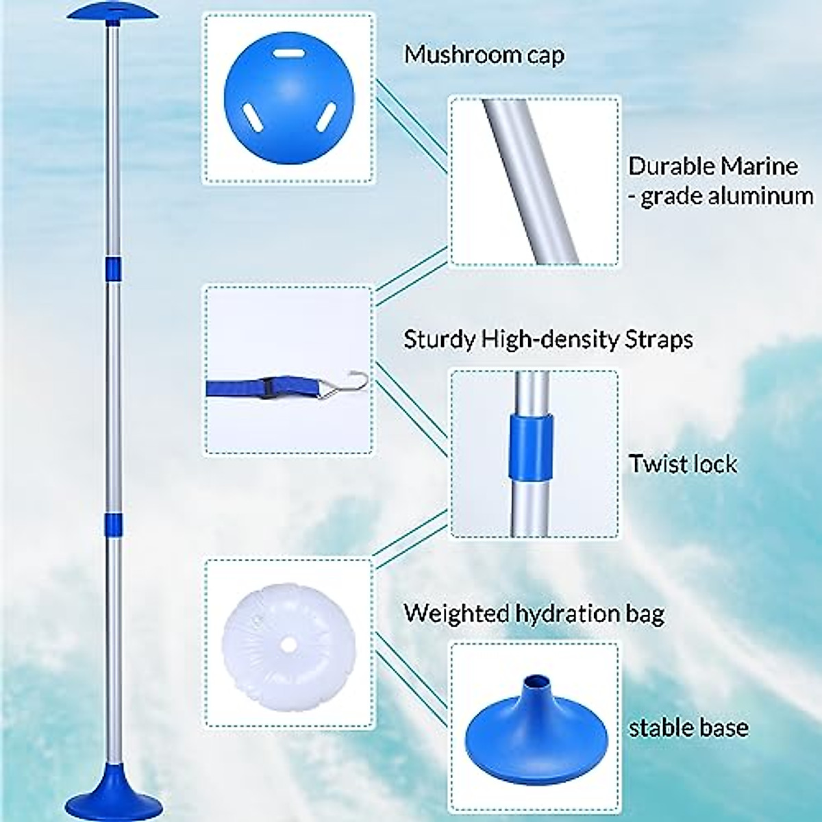 Datanly 20 Pcs Boat Cover Support System Include 4 Pcs Telescopic Adjustable Height Aluminum Boat Cover Support Poles 12 Pcs Webbing Straps 4 Pcs Weight Bag Hull Boat Jon Boat Accessories, Blue