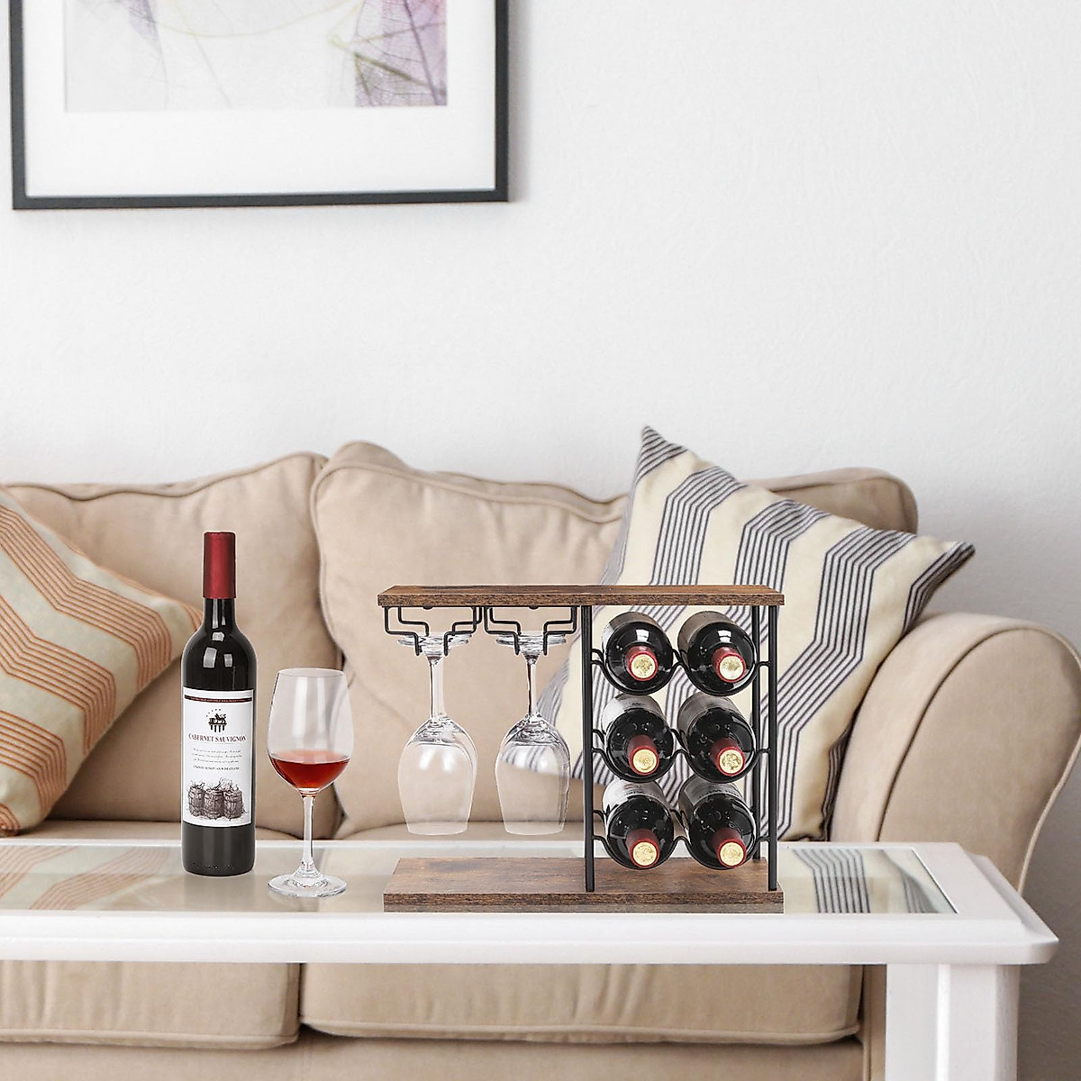 YBING Wine Rack Countertop Wine Holder Stand for 6 Wine Bottles and 4 Glasses Tabletop Small Wine Holder Wooden Wine Bottle Organizer for Kitchen, Bar, Wine Cellar, Cabinet (Brown)