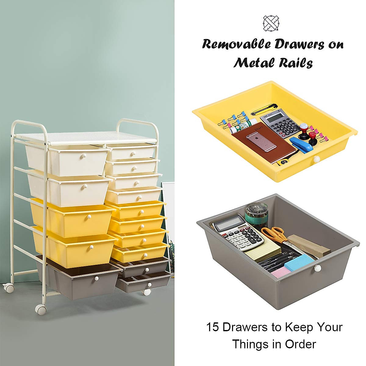 MEDIMALL 15 Drawers Rolling Storage Cart, Multipurpose Craft Storage Cart with Wheels, Mobile Tools Scrapbook Paper Organizer Cart for School Home Office Use (Yellow)