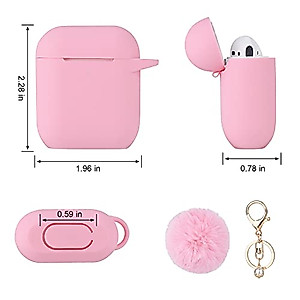 Pink Case for Women Cute Case Designed for AirPods Cover with Pom pom, Silicone Protective Keychain Case Compatible with AirPods 1/2, Accessories Keychain and Pom pom(Pink)