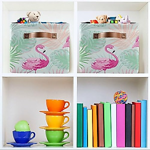Cute Flamingo Storage Basket Bins Decorative Toy Organizer Bins Laundry Hamper Baskets with Handles for Home Boys Girls Office Closet Shelf Nursery Baskets,2 pcs