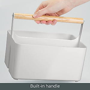 mDesign Plastic Portable Nursery Organizer Caddy Tote, Divided Basket Bin with Bamboo Handle - Hold Bottles, Spoons, Bibs, Pacifiers, Diapers, Wipes, Baby Lotion - Aura Collection - Stone Gray/Natural